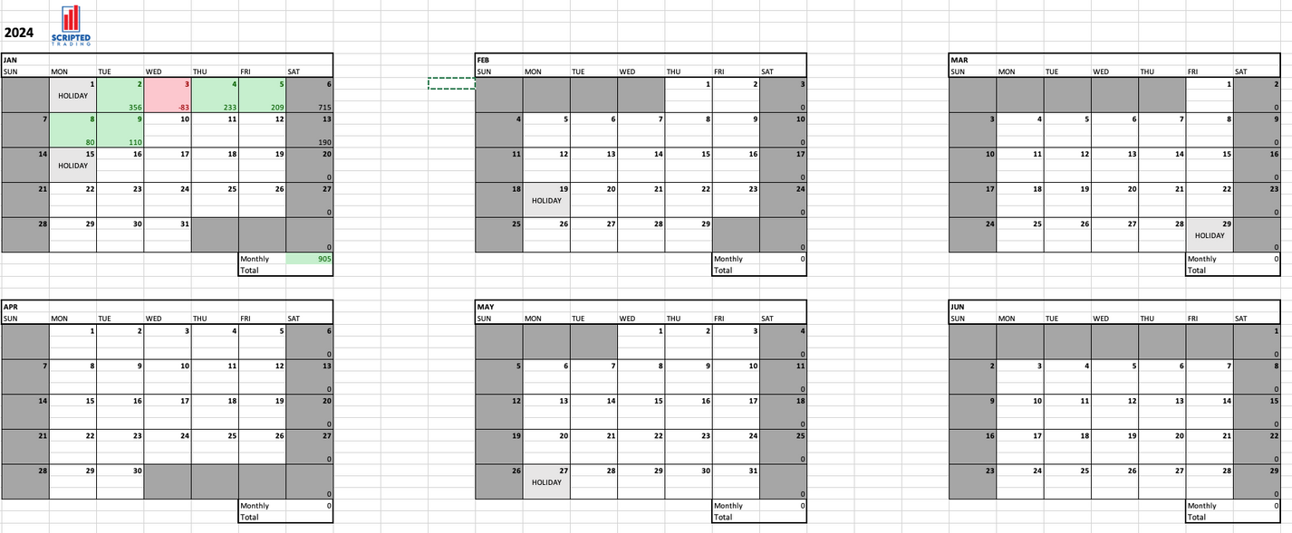 2026 Excel Trading Calendar – Scripted Trading